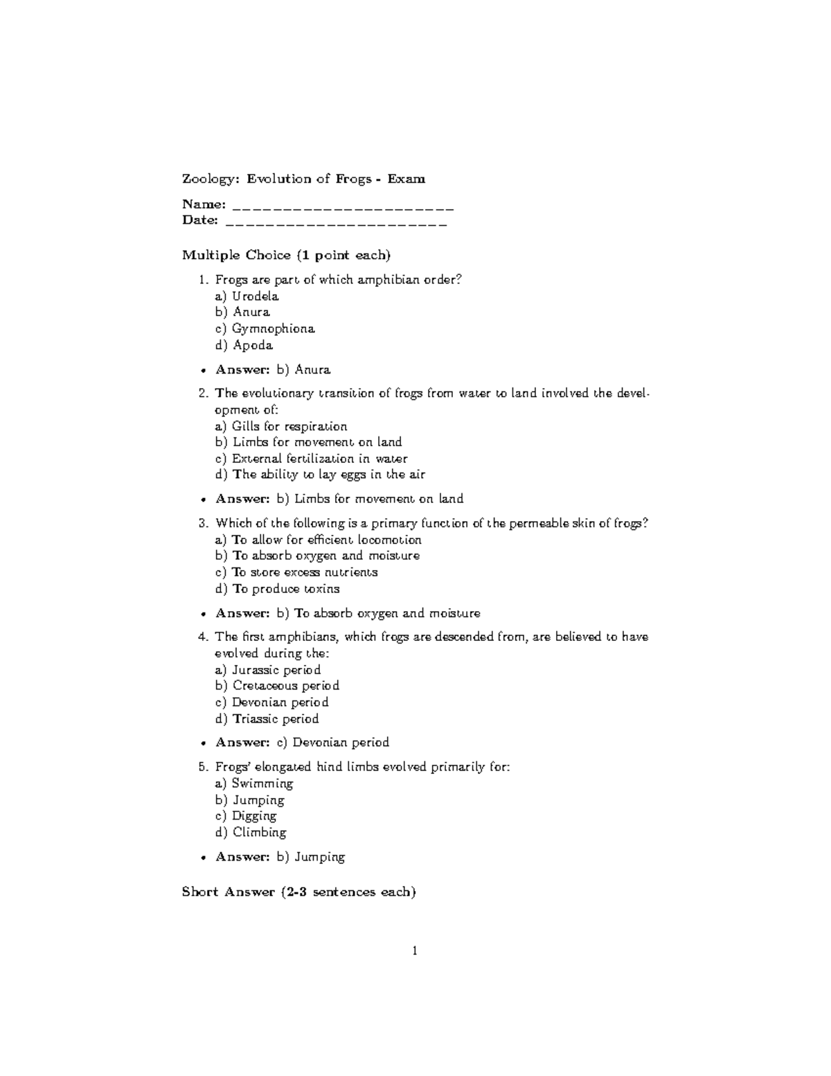 Zoology Evolutio frog - Zoology: Evolution of Frogs - Exam Name ...