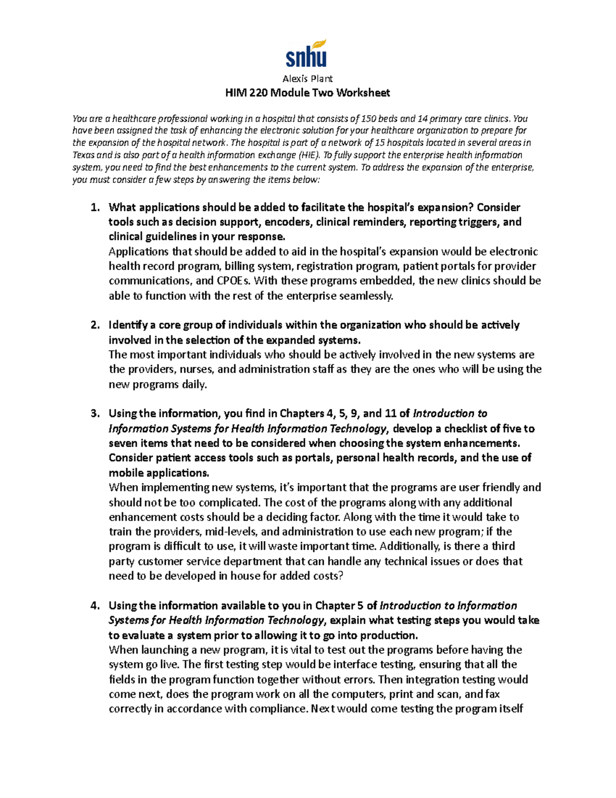 HIM 220 Module Two Worksheet: Enhancing Healthcare Electronic Systems ...