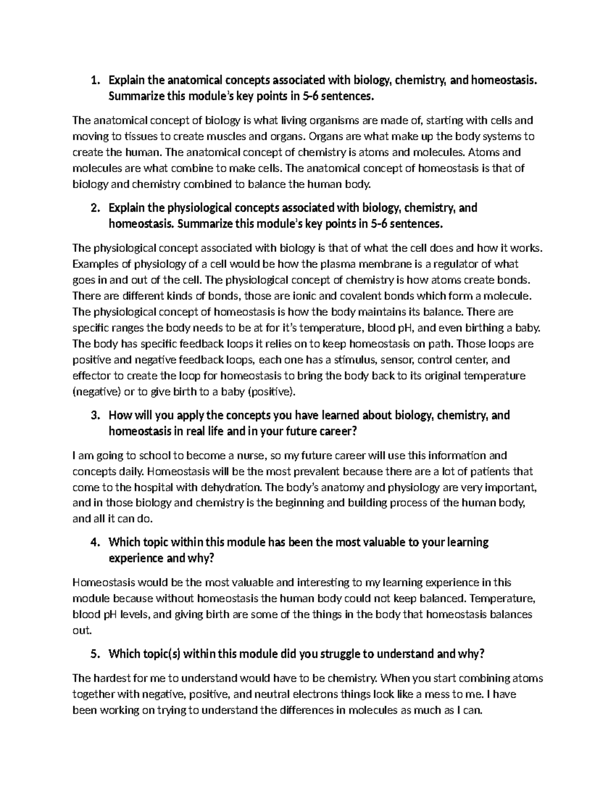 Module 01 Reflection Assignment – Bio, Chem, & Homeostasis Summary - Studocu