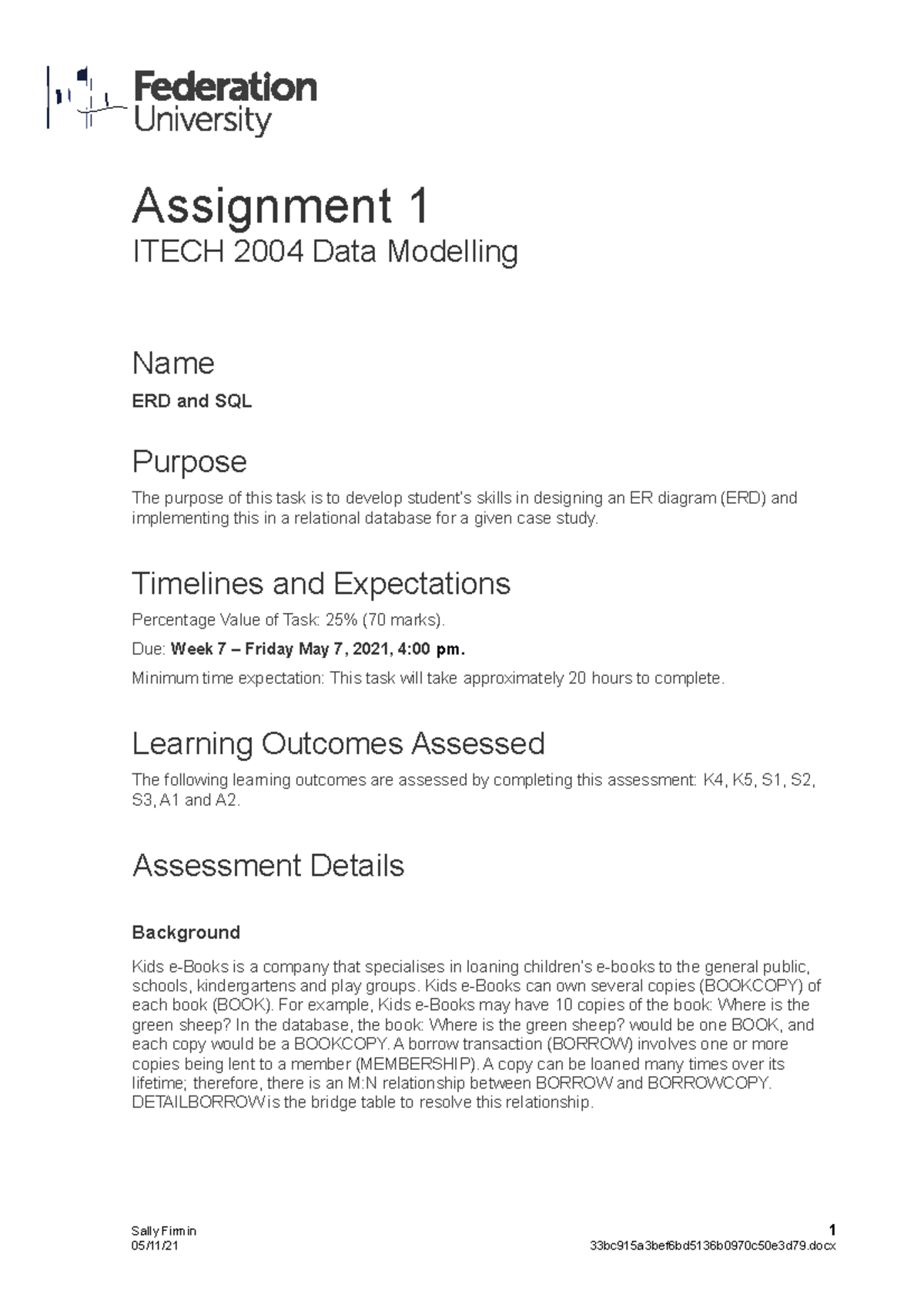 Ass 01 Itech 2400 Erd Sql 2021 07 Assignment 1 Itech 2004 Data Modelling Name Erd And Sql