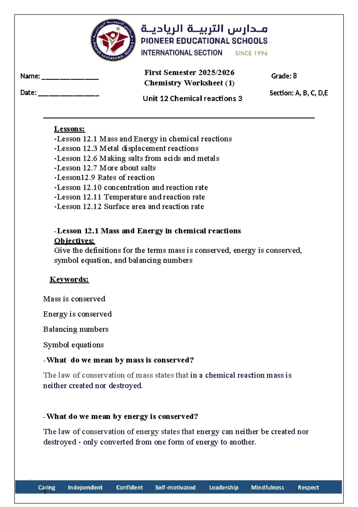 G8 Chemistry Unit 12 Worksheet: Chemical Reactions & Rates - Studocu