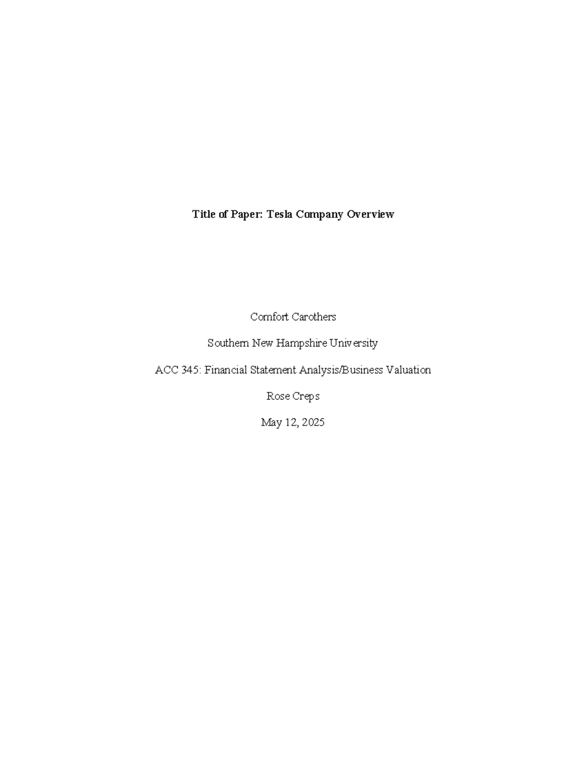 ACC 345: Tesla Company Overview & Financial Valuation Insights - Studocu