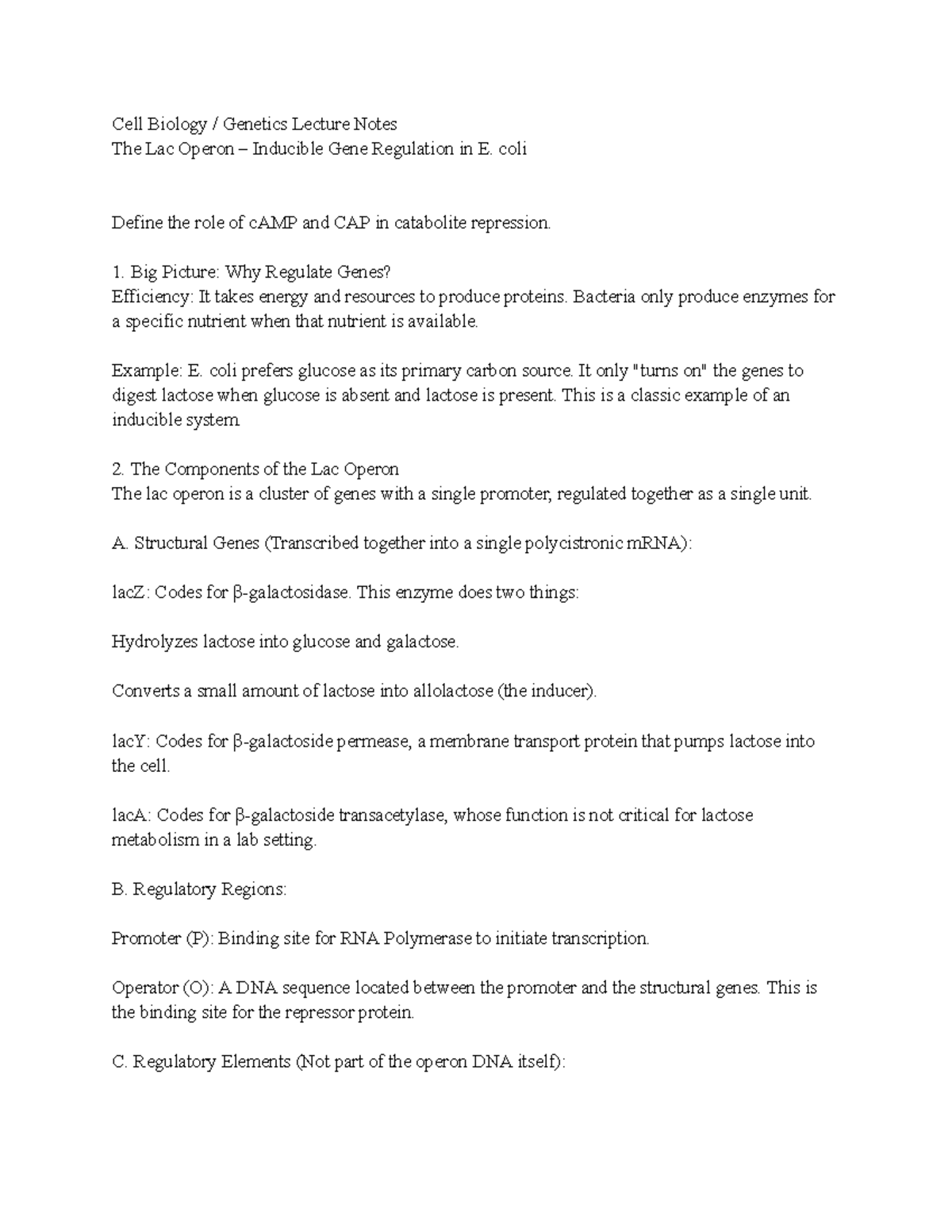 Cell Biology Genetics Lecture Notes: The Lac Operon & Gene Regulation ...