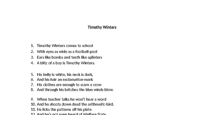 Poem Analysis: Timothy Winters - A Study of Childhood Struggles - Studocu