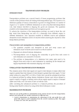Note about Transportation problems - Operations Research Notes Unit 5 ...