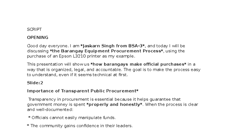 Barangay Equipment Procurement Process: Epson L3210 Example - Studocu