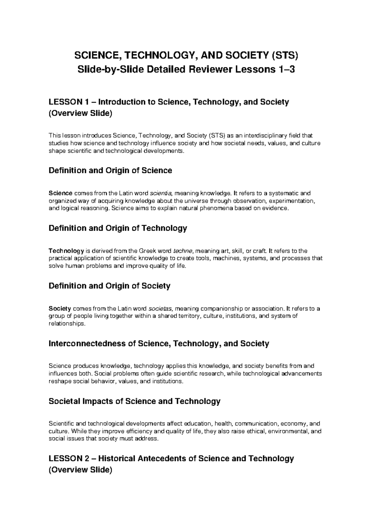 STS 101: Detailed Lessons on Science, Technology, and Society - Studocu