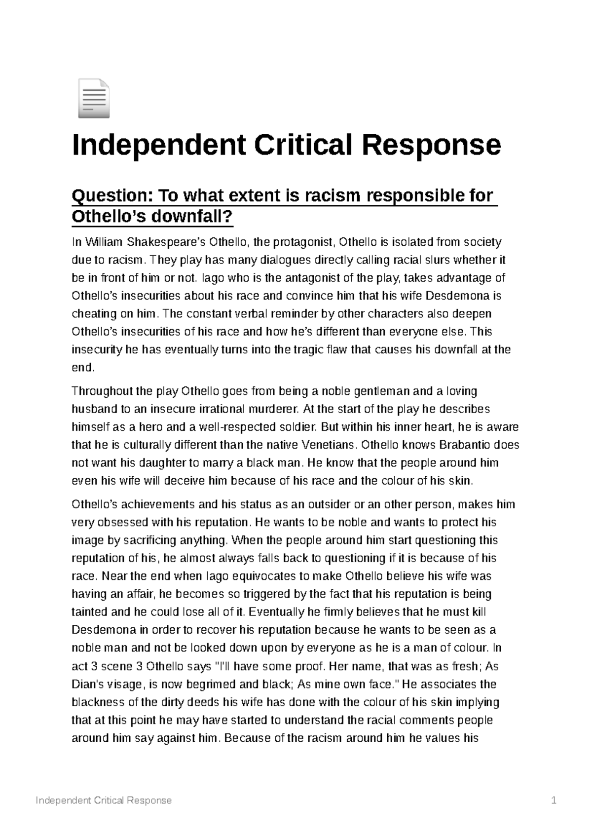 Racism in Othello - Independent Critical Response 1 📄 Independent ...
