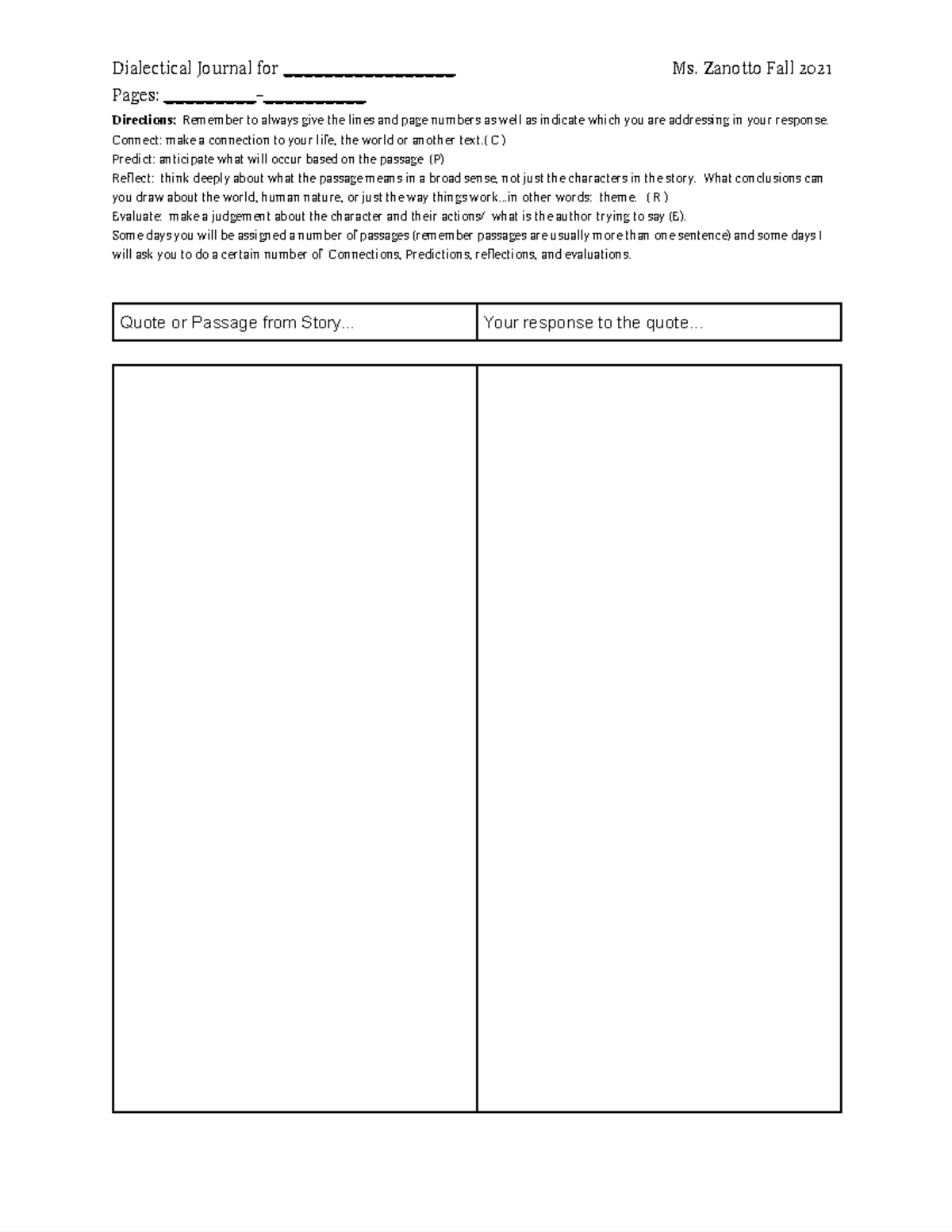 Dialectical Journal Template for Ms. Zanotto - Fall 2021 - Studocu