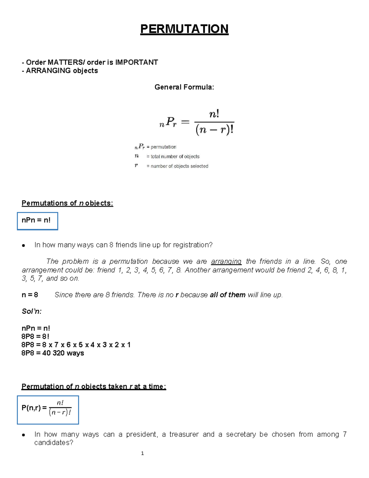 Permutations & Combinations Review (MATH 101) - Studocu