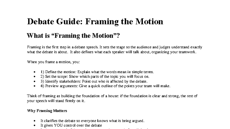 Junior Debate Guide: Framing the Motion for Success - Studocu