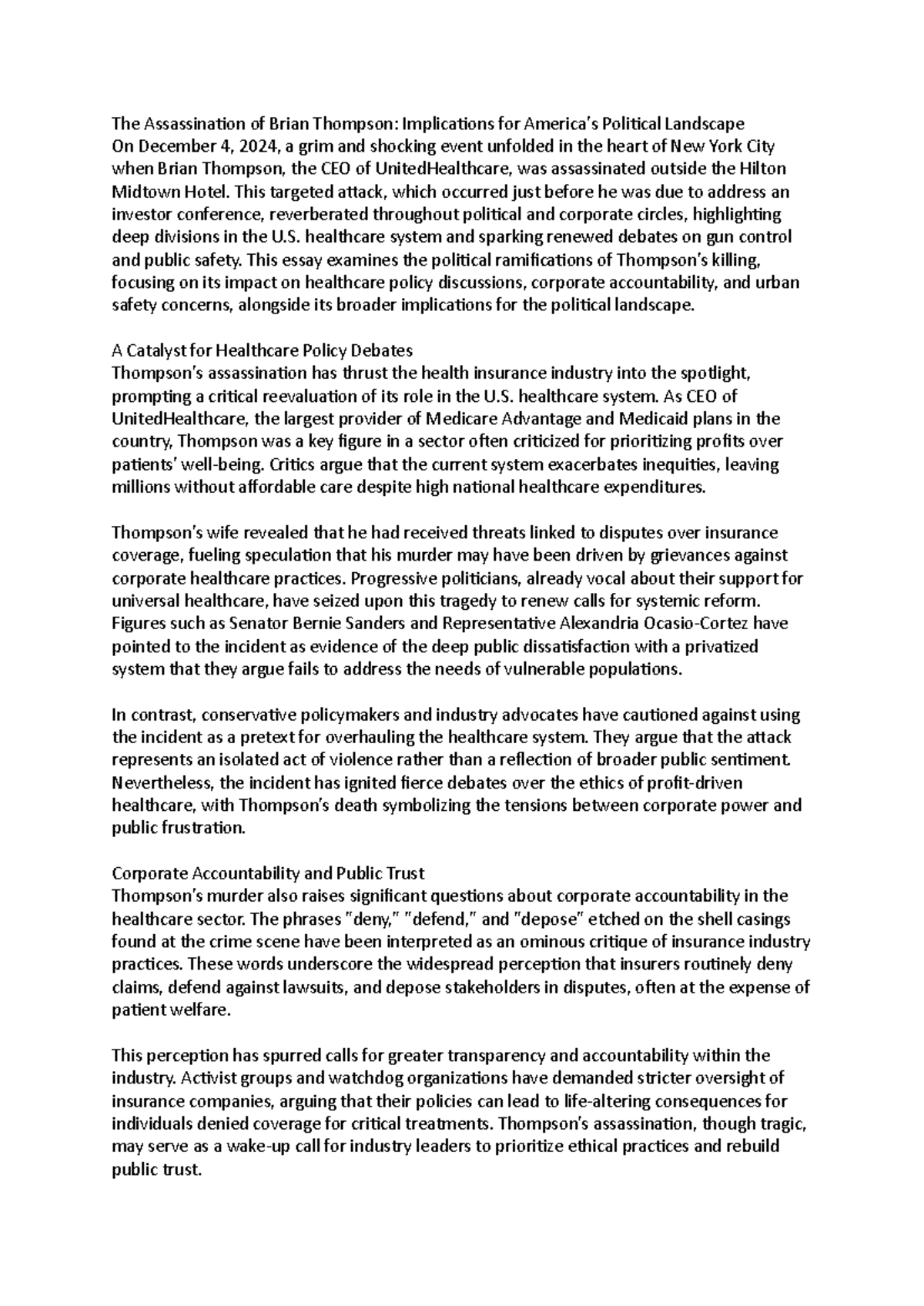 Implications of Brian Thompson's Assassination for U.S. Politics and ...