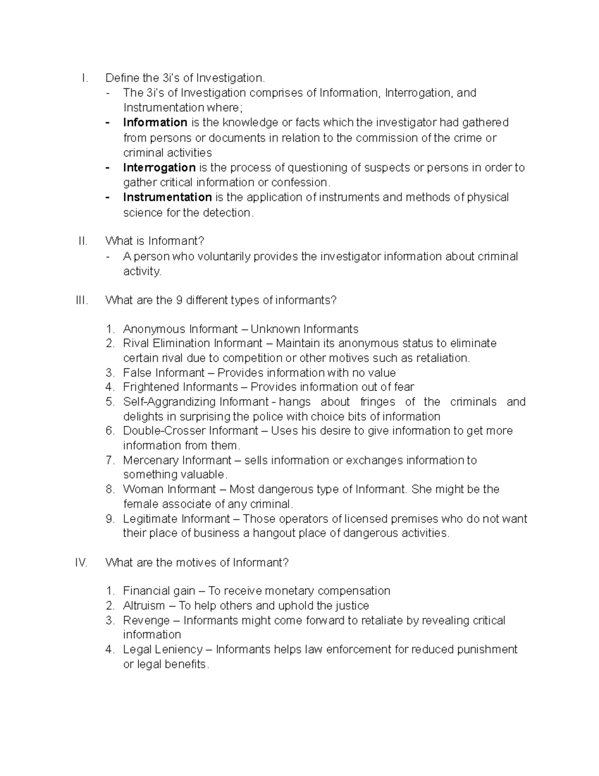 Assignment CDI 1 - Notes - I. Define the 3i’s of Investigation. - The ...