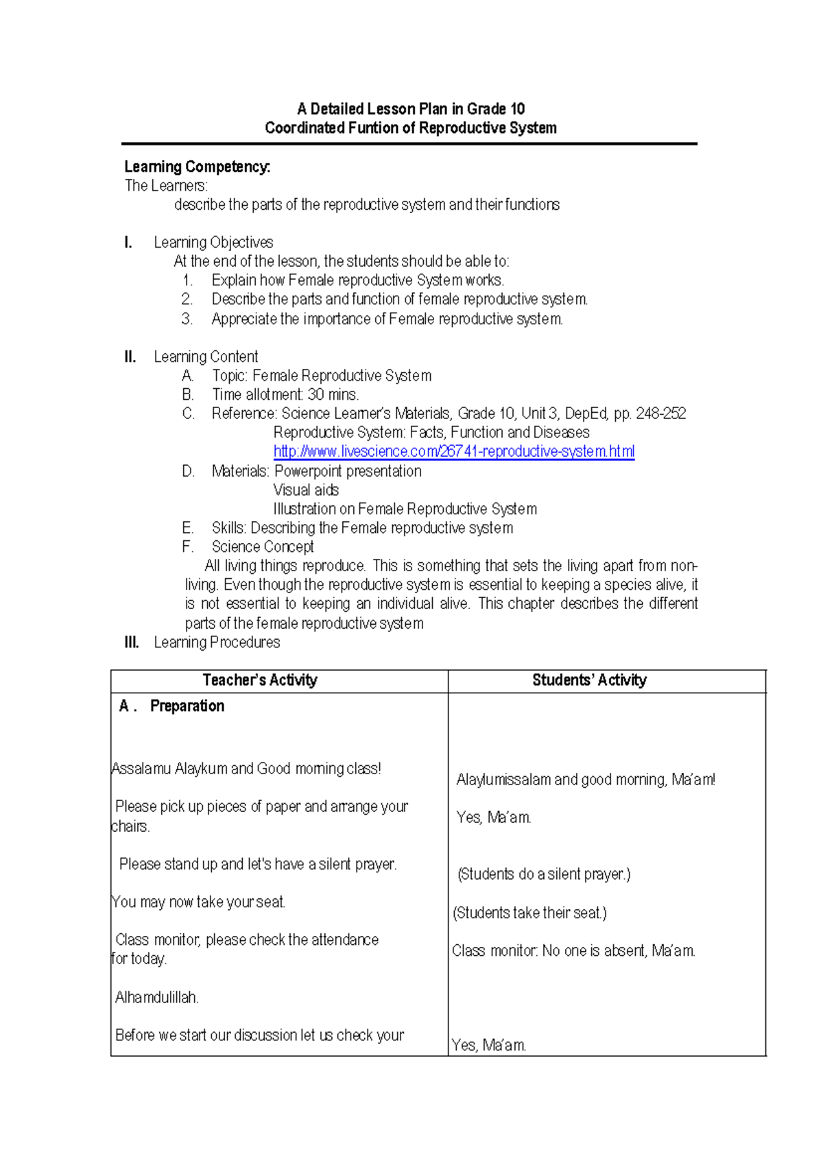 Grade 10 Lesson Plan: Understanding the Female Reproductive System ...