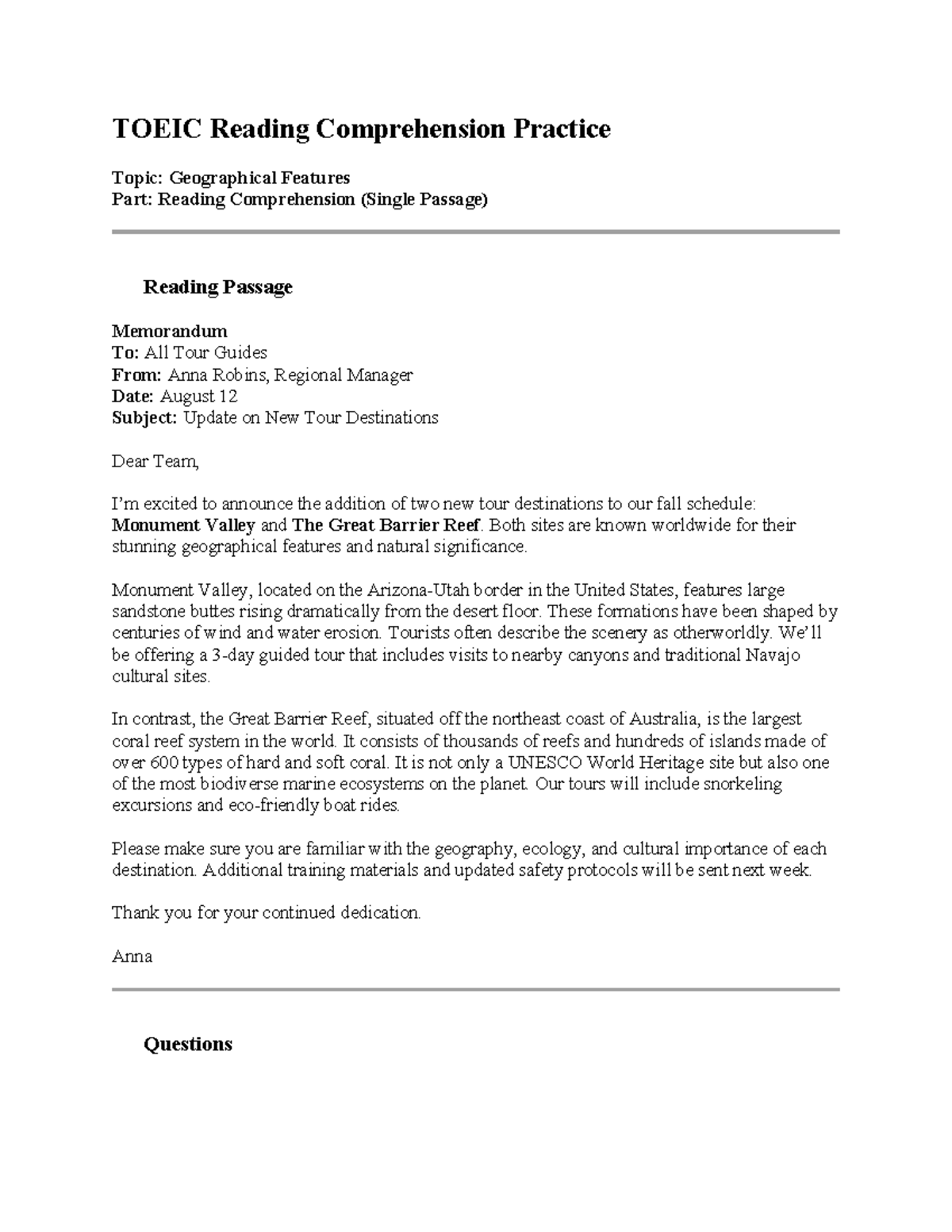 TOEIC Reading Comprehension Practice: Geographical Features Questions ...
