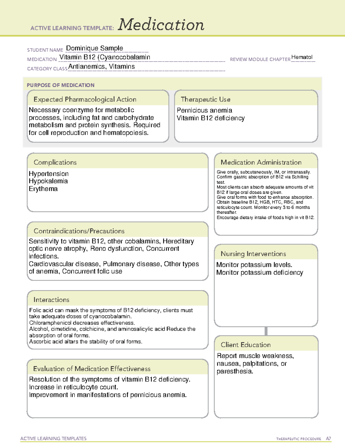 Vitamin B12 Active Learning Template for Therapeutic Procedures - Studocu