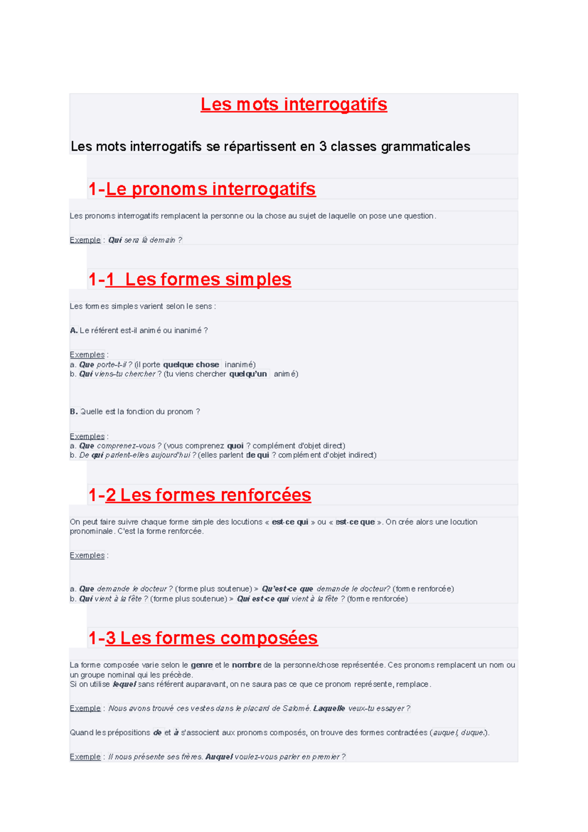 Les mots interrogatifs - Exemple : Qui sera là demain? 1- 1 Les formes ...
