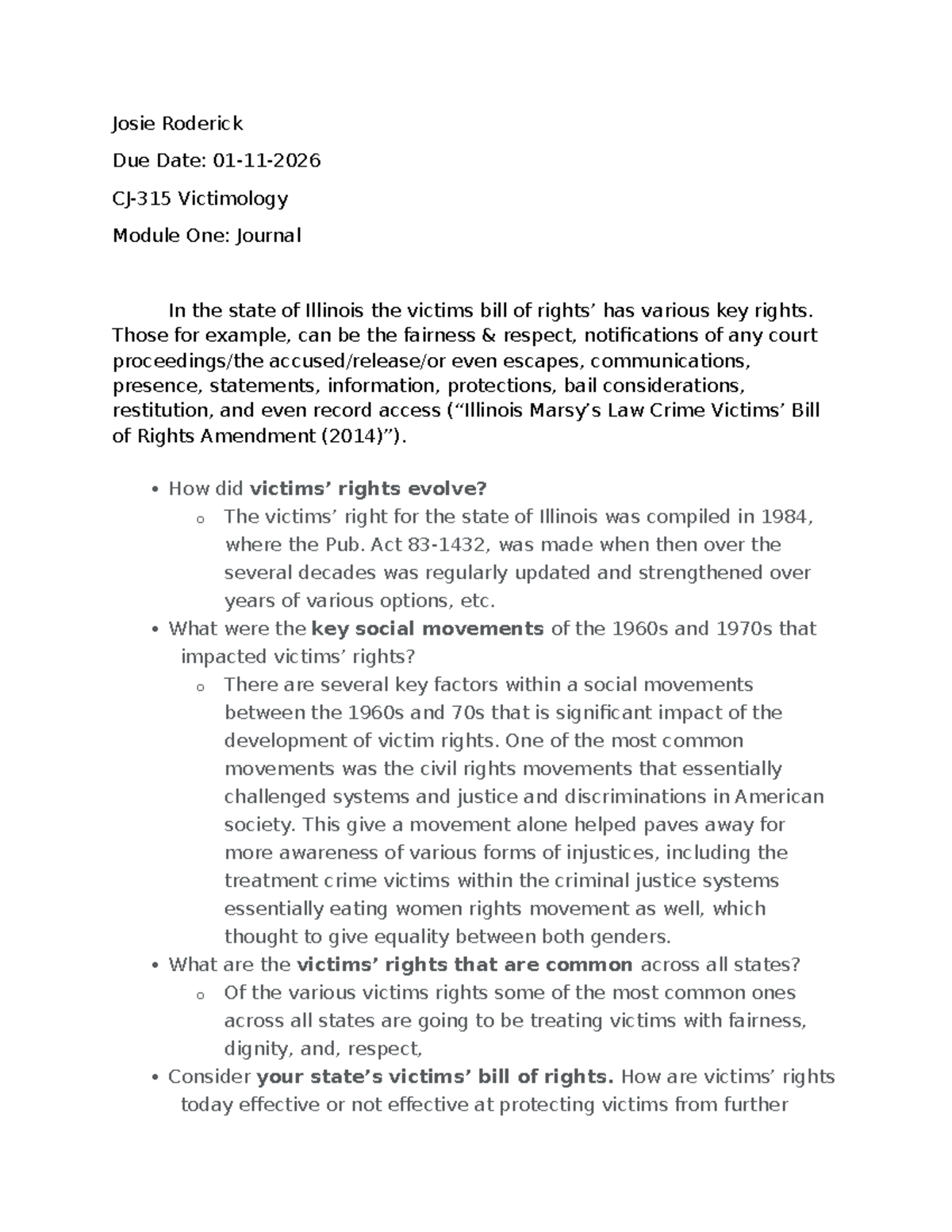 CJ 315: Week One Journal on Victimology Rights in Illinois - Studocu