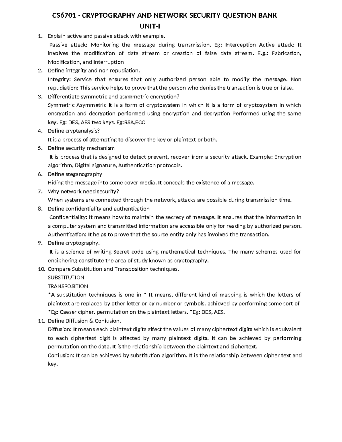 CS6701 - Cryptography and Network Security Questions Bank - Studocu