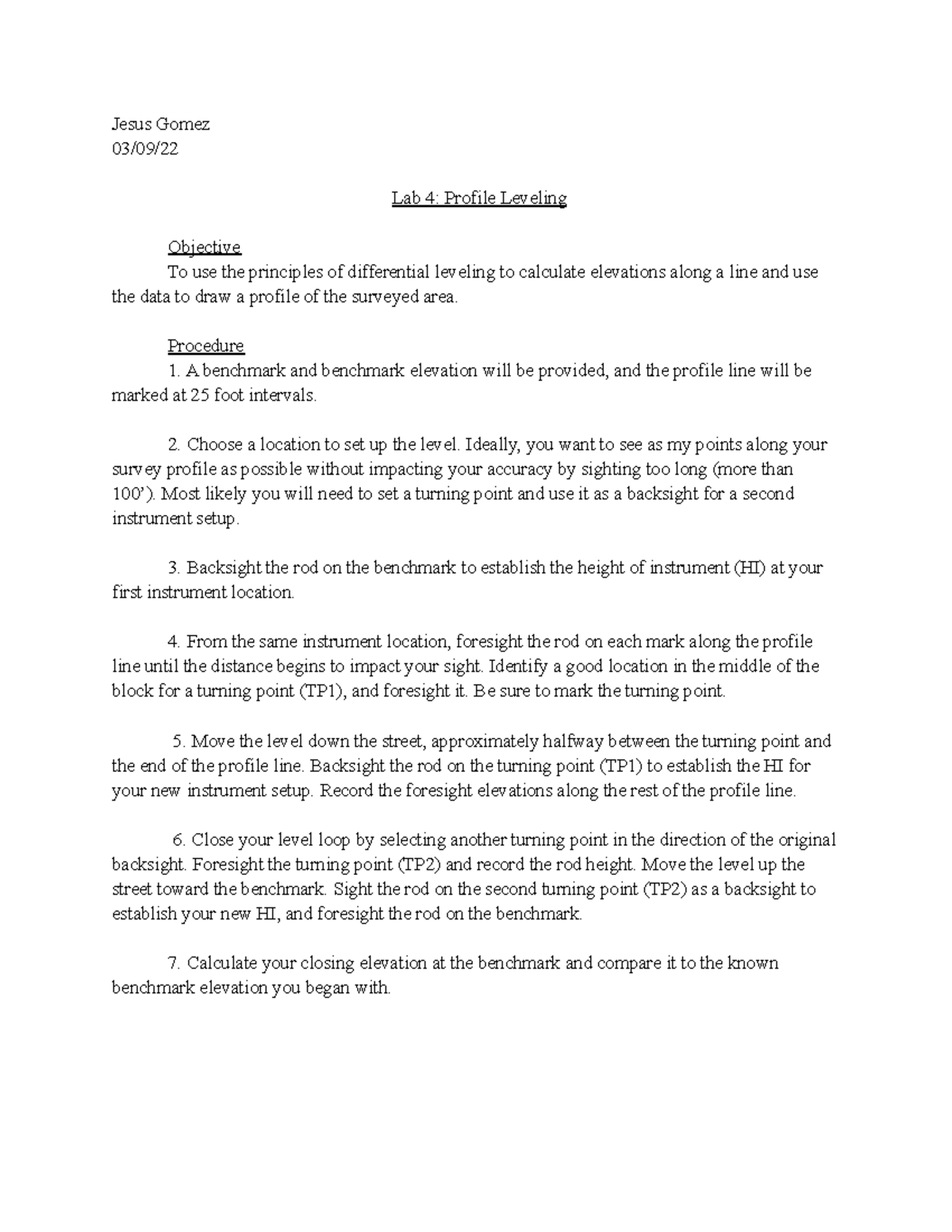 Lab 4 - Profile Leveling Techniques & Data Analysis (CMCE 1222) - Studocu