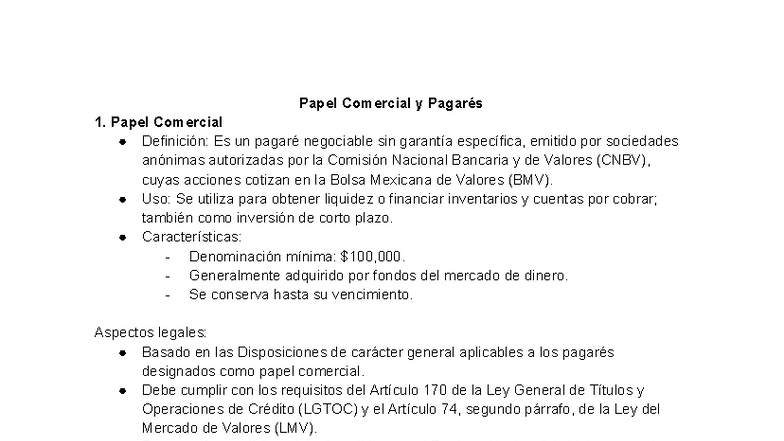 Papel Comercial y Pagarés: Definiciones y Aspectos Legales - Studocu