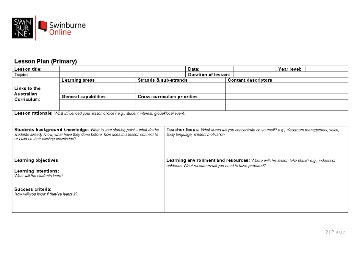 Swinburne University Primary Lesson Plan Template 1 - Studocu