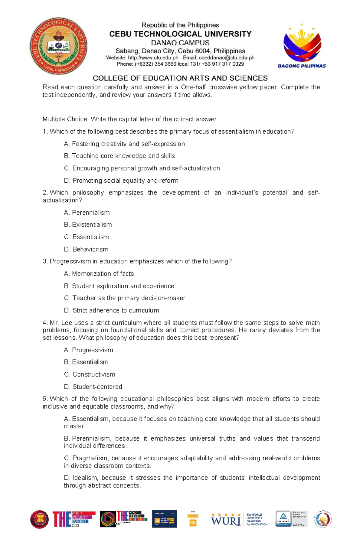 1 - Curriculum Test Question - Read each question carefully and answer ...