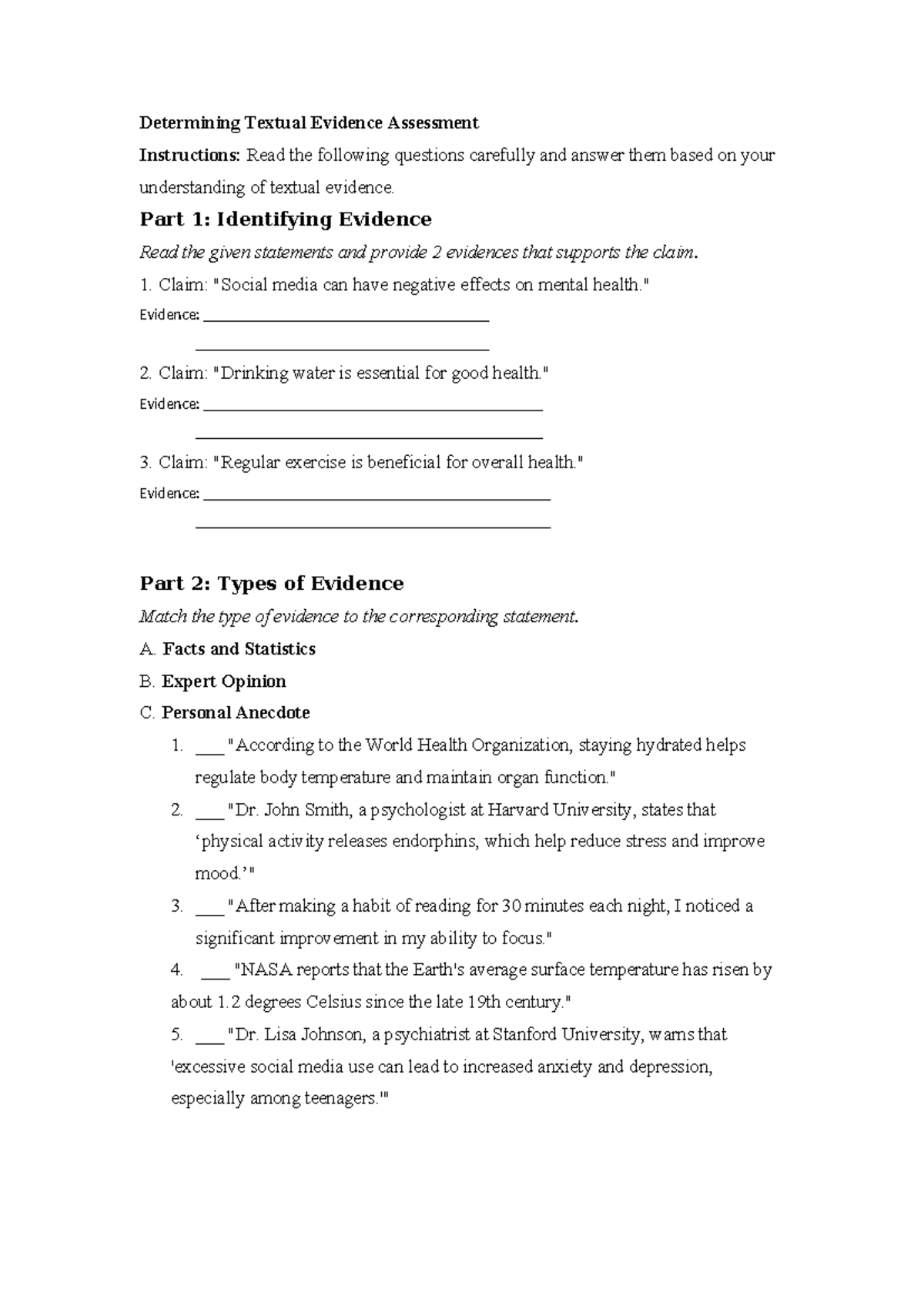 Determining Textual Evidence Assessment - Determining Textual Evidence ...