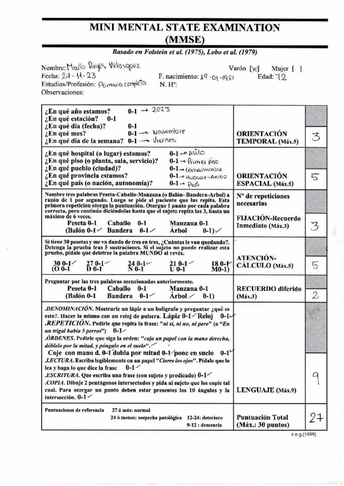 MINI MENTAL STATE EXAMINATION (MMSE) Test 2023 - Studocu