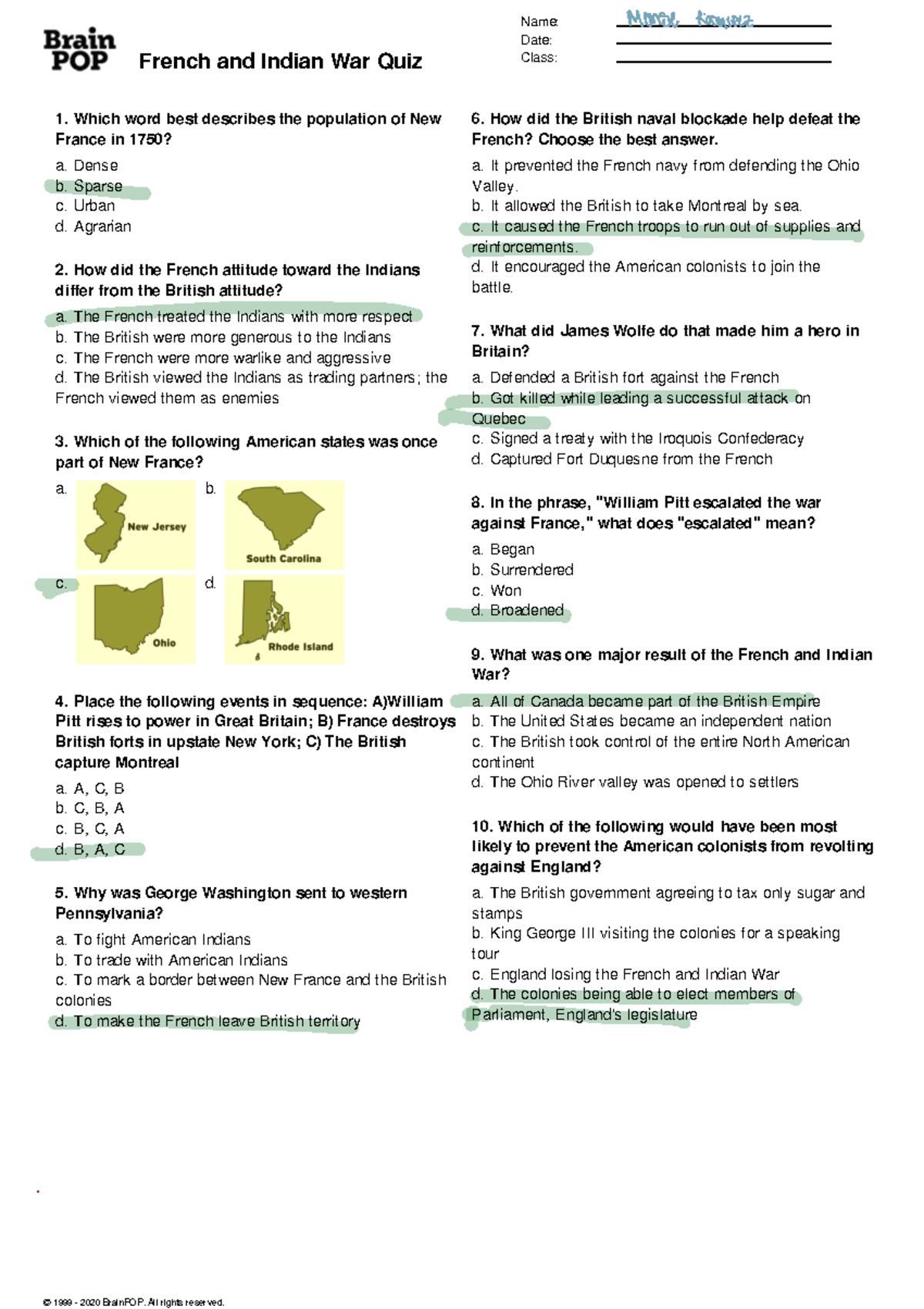 French And Indian War Worksheet