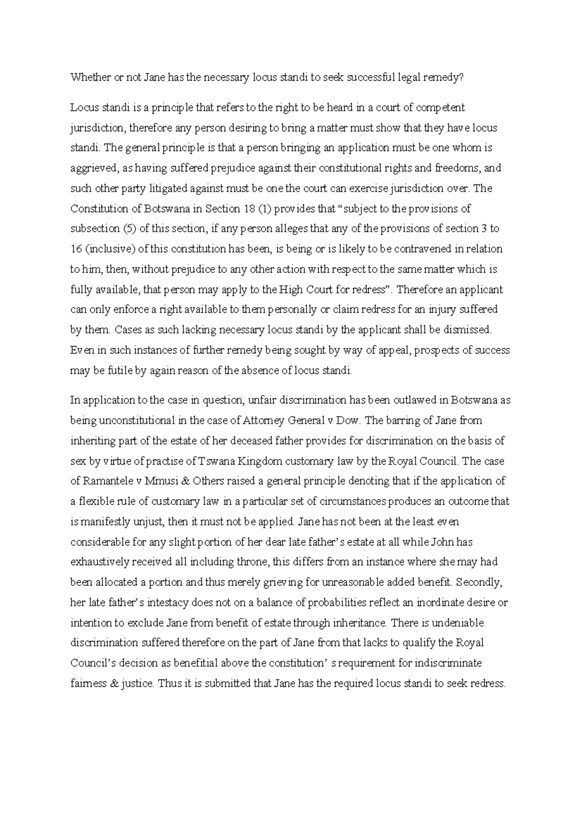 Locus Standi Analysis: Jane's Right to Legal Remedy (Con Law CA 2 ...