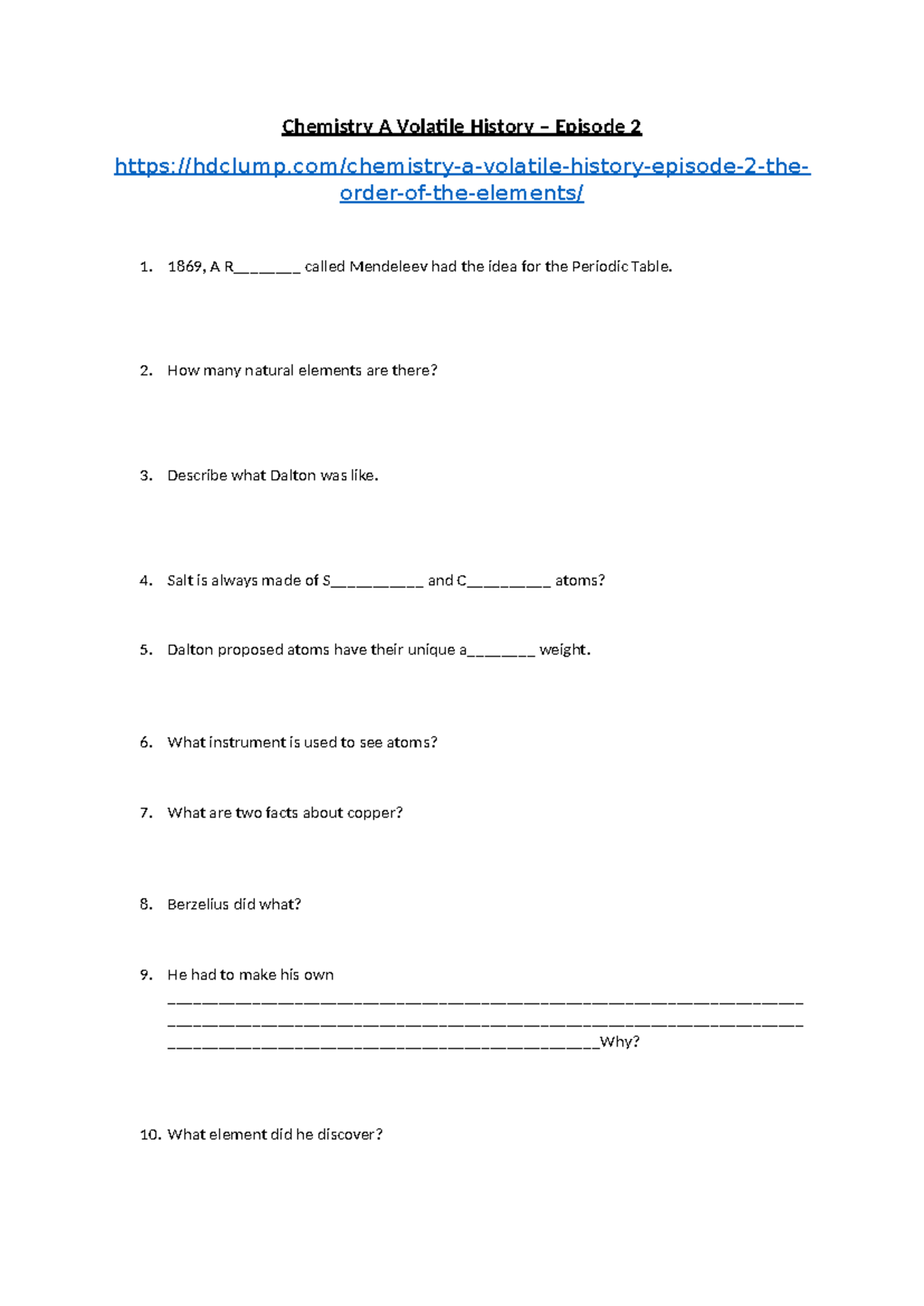 Chemistry A: Volatile History Episode 2 - Key Concepts & Worksheet ...
