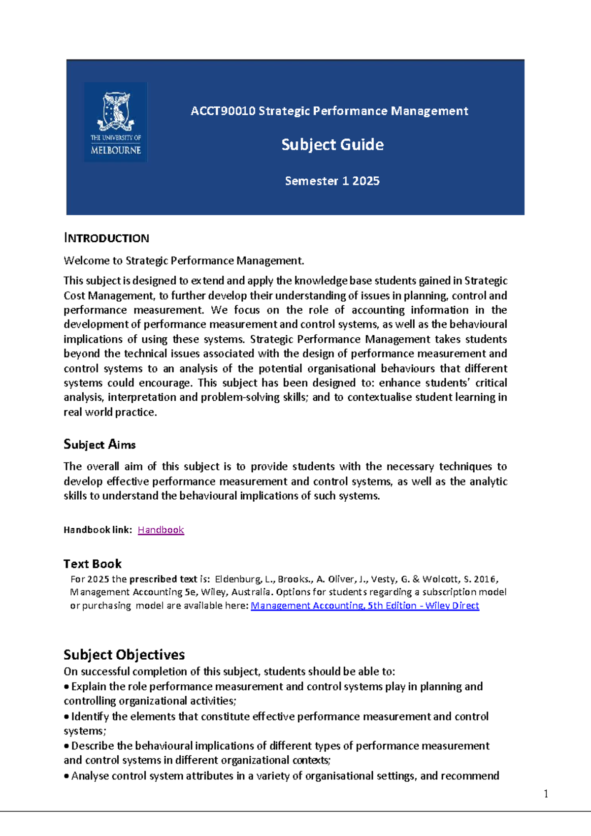 ACCT90010 SPM Subject Guide: Performance Management Overview 2025 - Studocu