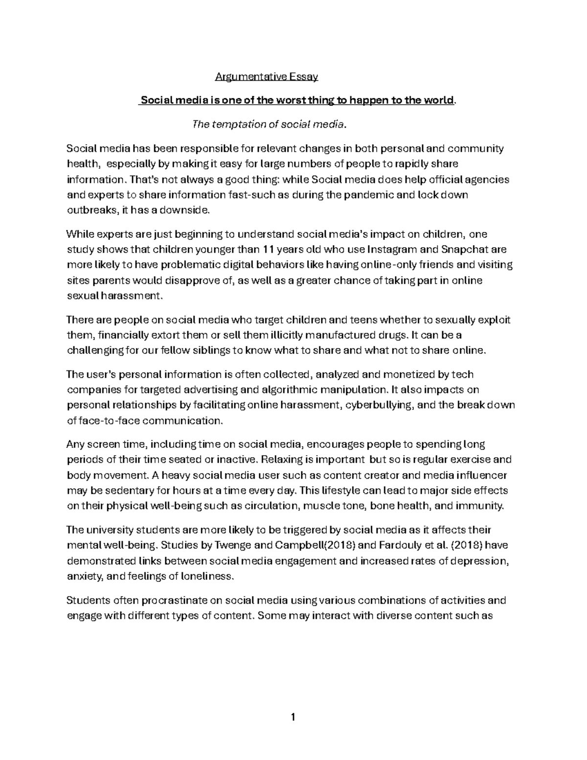 Argumentative Essay on Social Media's Impact [224035419 Dlalisa. S ...