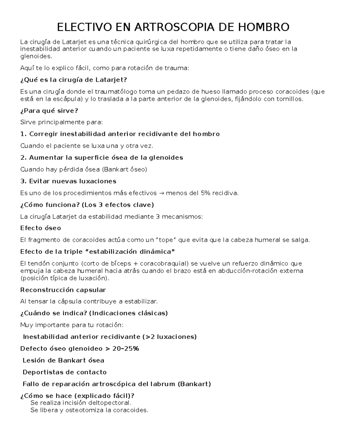 Electivo en Artroscopia de Hombro: Cirugía de Latarjet Explicada - Studocu