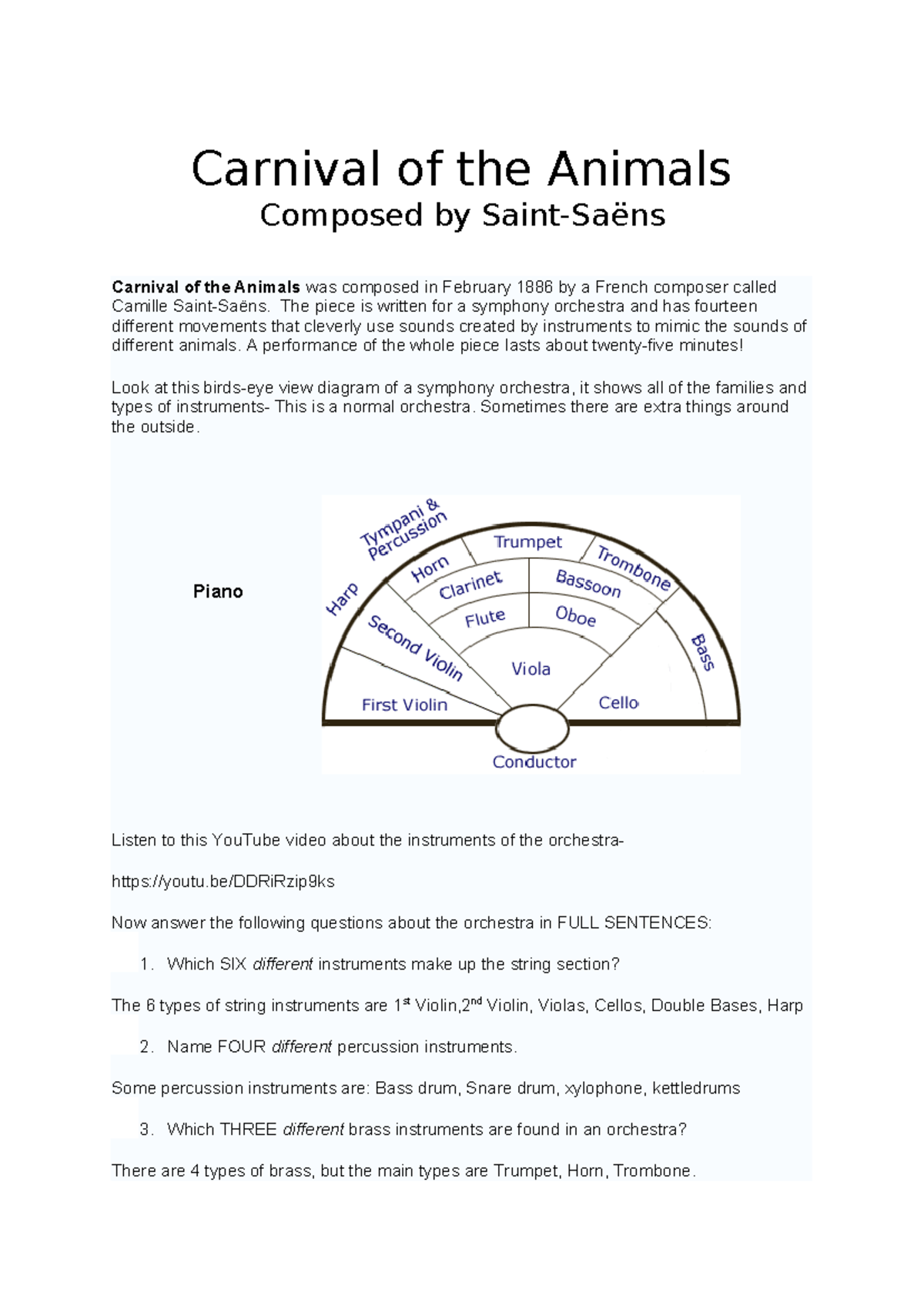 Carnival of the Animals Worksheet: Concepts & Instrumentation Analysis ...