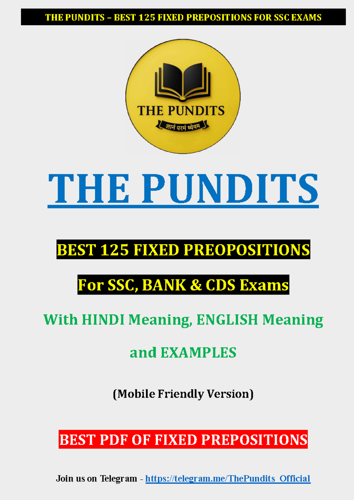 THE PUNDITS 125 FIXED PREPOSITIONS FOR SSC EXAMS: MEANINGS & EXAMPLES ...