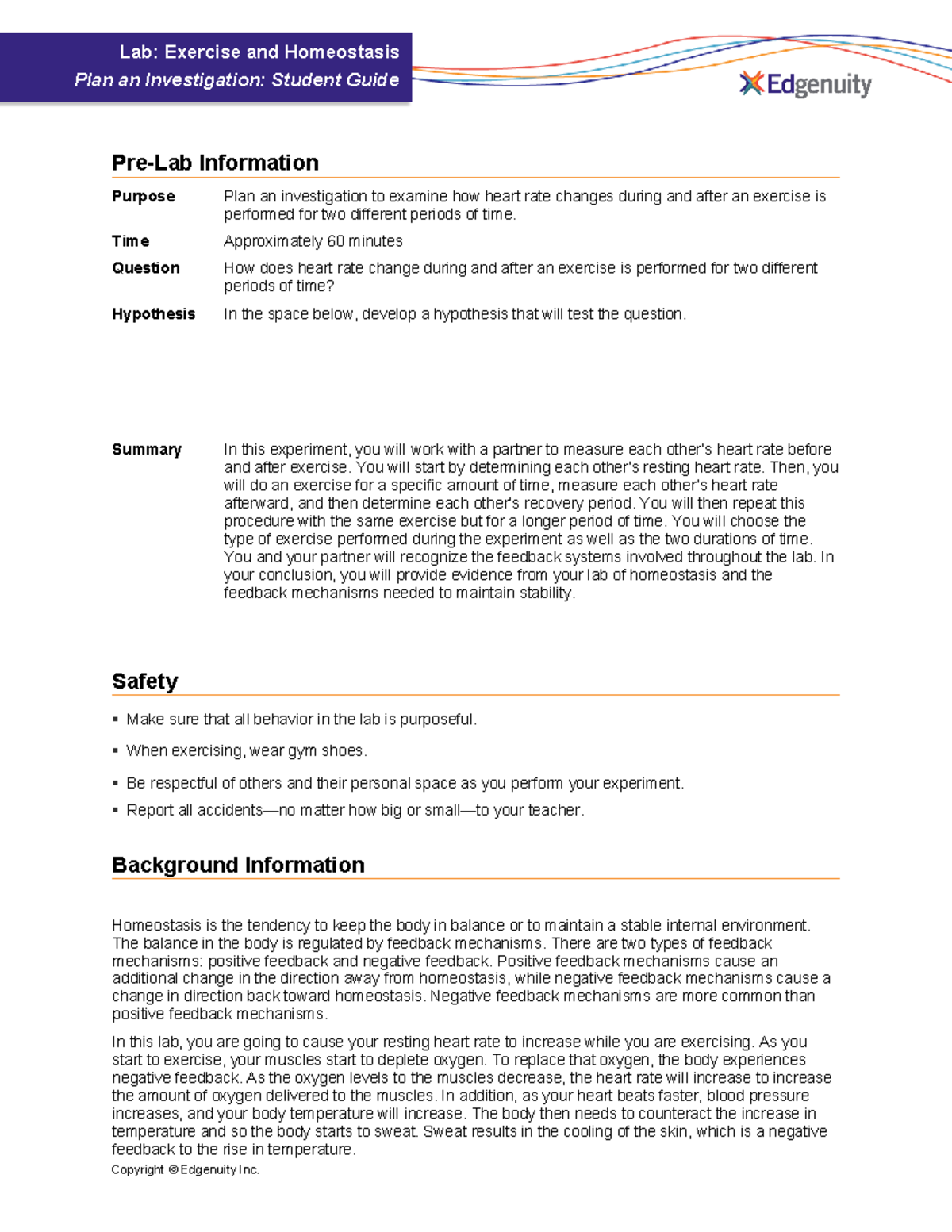 Plan an Investigation Guide: Exercise & Homeostasis (Student Lab) - Studocu