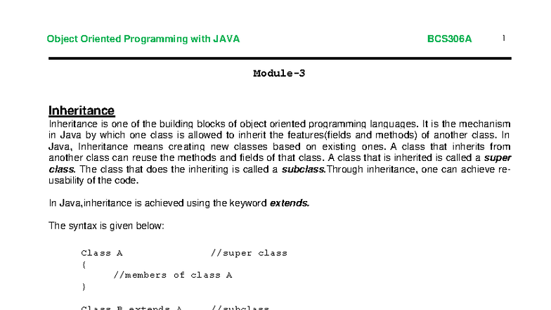 Inheritance in Java: Concepts and Examples - BCS306A - Studocu
