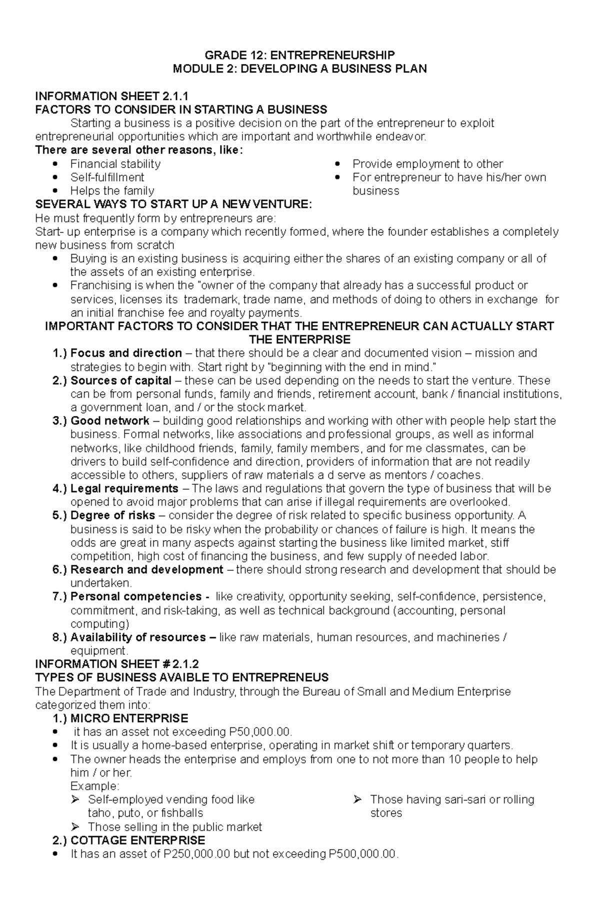 Entrep-module-2 - Developing A Business Plan - GRADE 12 ...