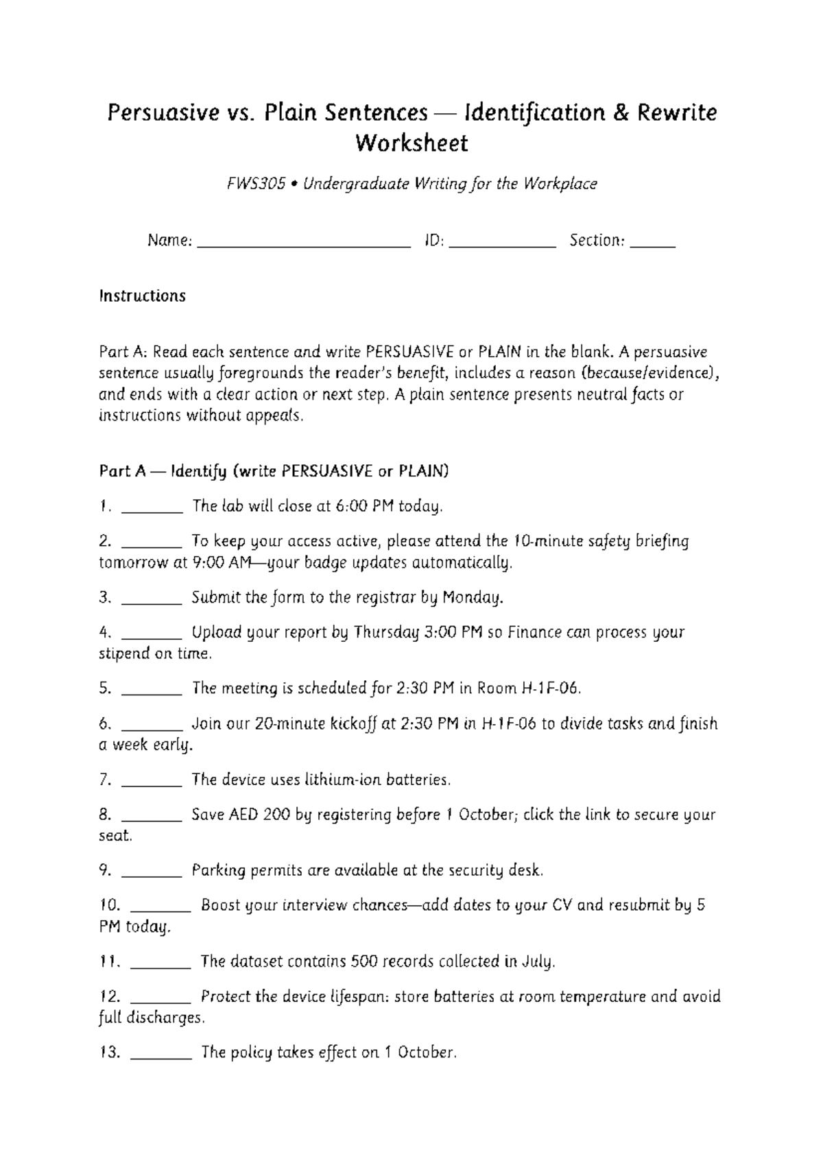 Persuasive vs. Plain Sentences Identification Worksheet FWS305 - Studocu