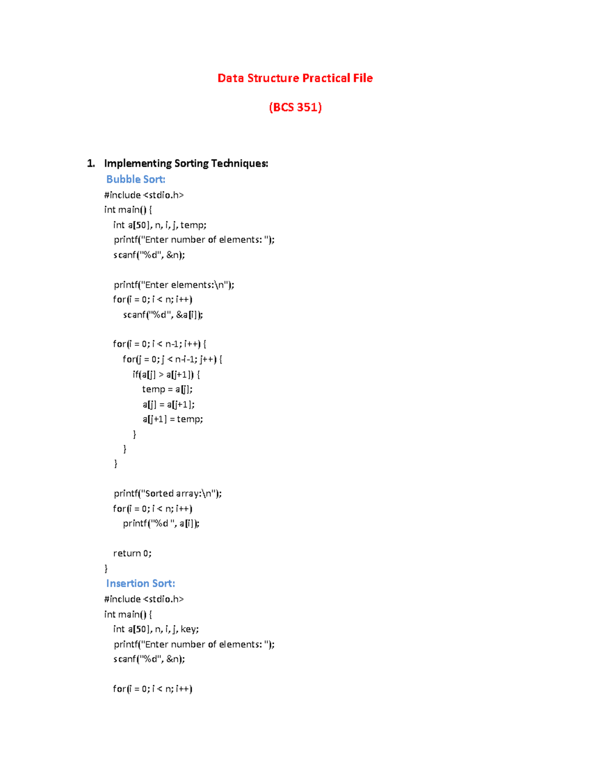 Data Structure Practical File (BCS 351): Sorting, Searching, and Graphs - Studocu