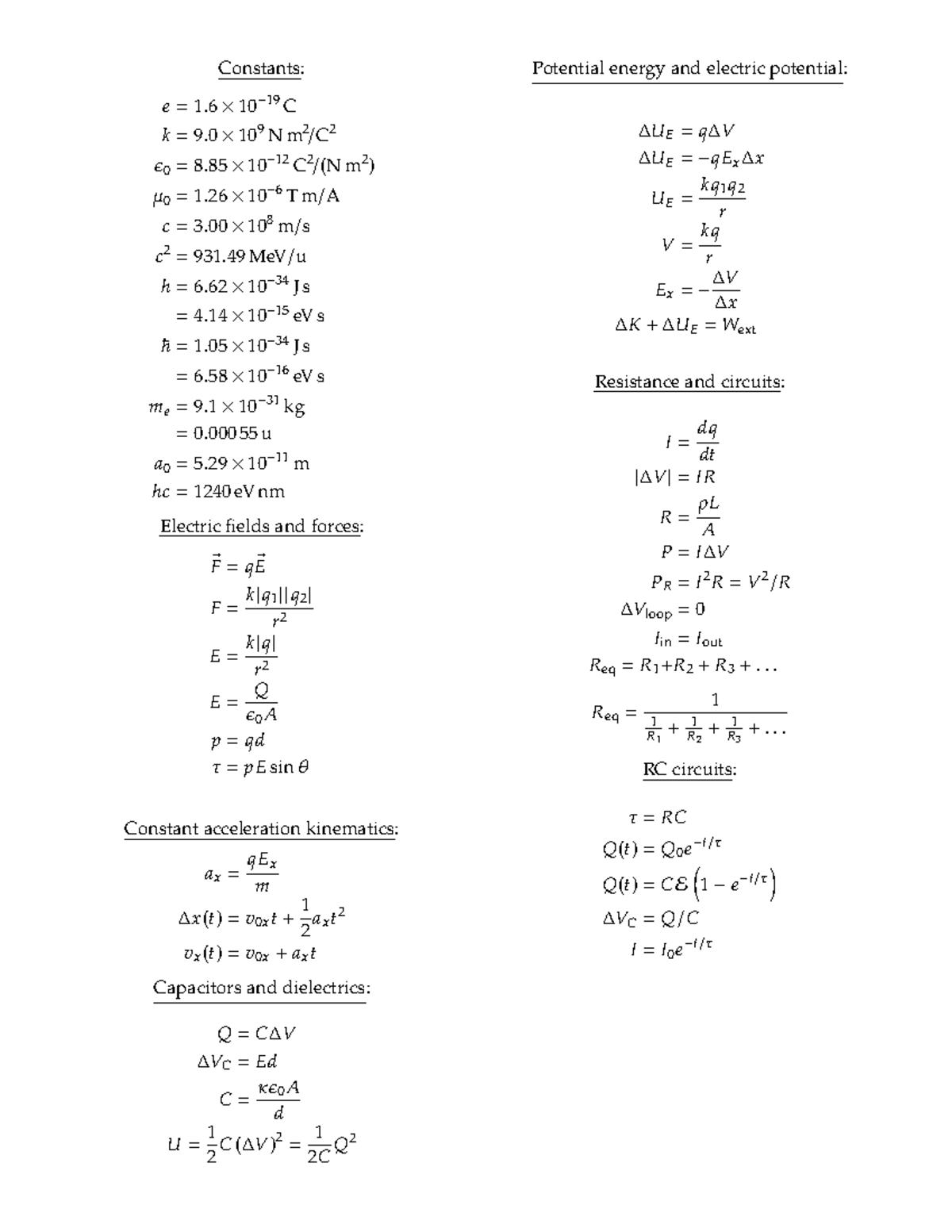 Physics 5-C Final Exam Cheat Sheet: Key Concepts & Formulas - Studocu