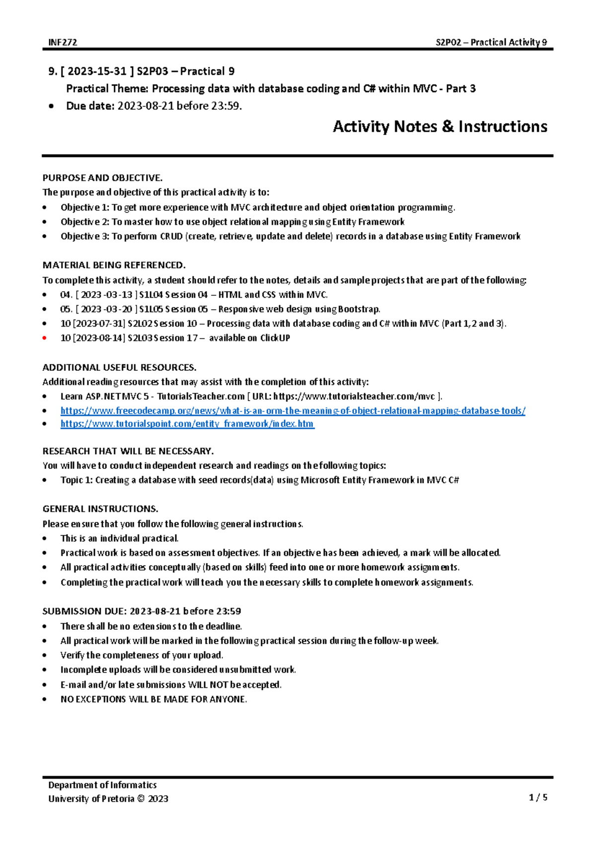 S2P9 INF272 Practical 9 - Department of Informatics 9. [ 2023-15-31 ] S2P03 – Practical 9 ...