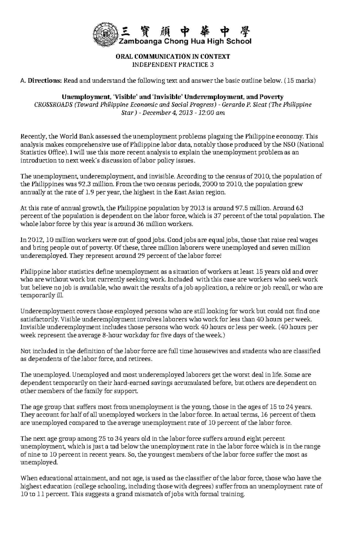 ORAL COMMUNICATION IN CONTEXT INDEPENDENT PRACTICE 3: Unemployment ...