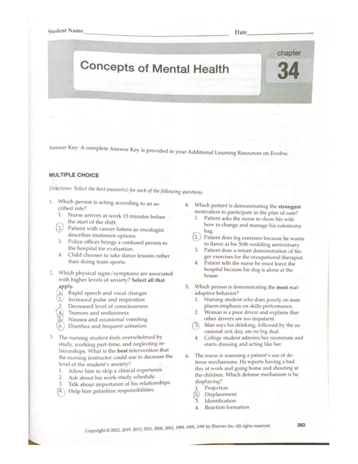 Concepts of Mental Health - MULTIPLE CHOICE Directions: Select the best ...