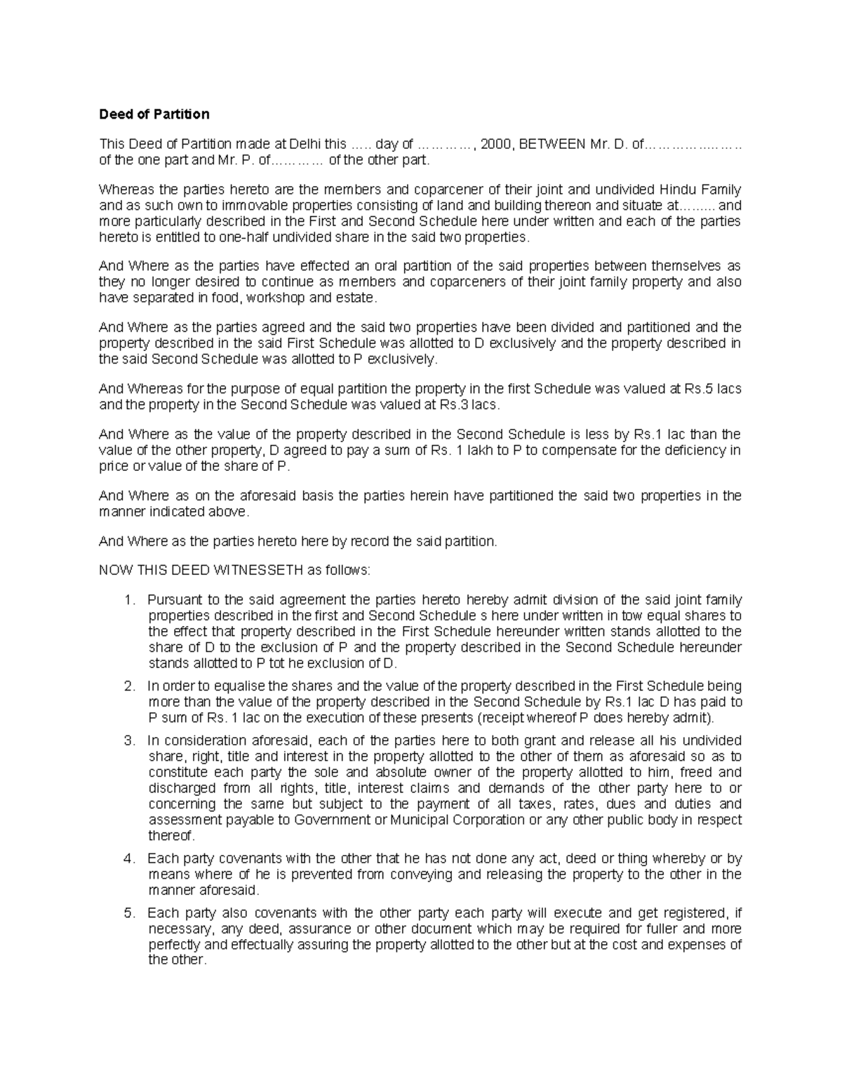 Deed of Partition - DPC: Agreement Between Mr. D and Mr. P - Studocu