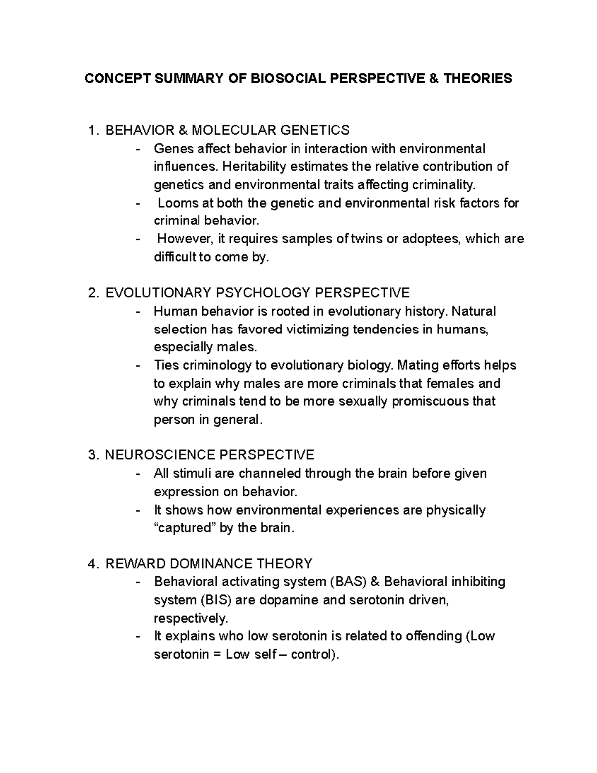 Biosocial Perspective Theories: Concept Summary and Insights - Studocu