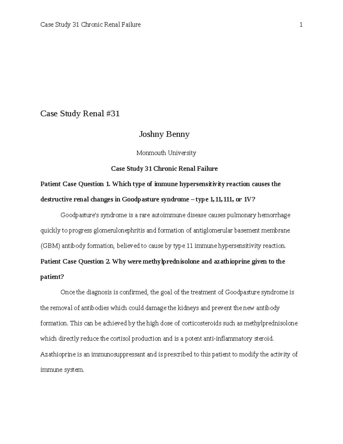 Case study Renal 31 - Case Study Renal Joshny Benny Monmouth University Case Study 31 Chronic ...