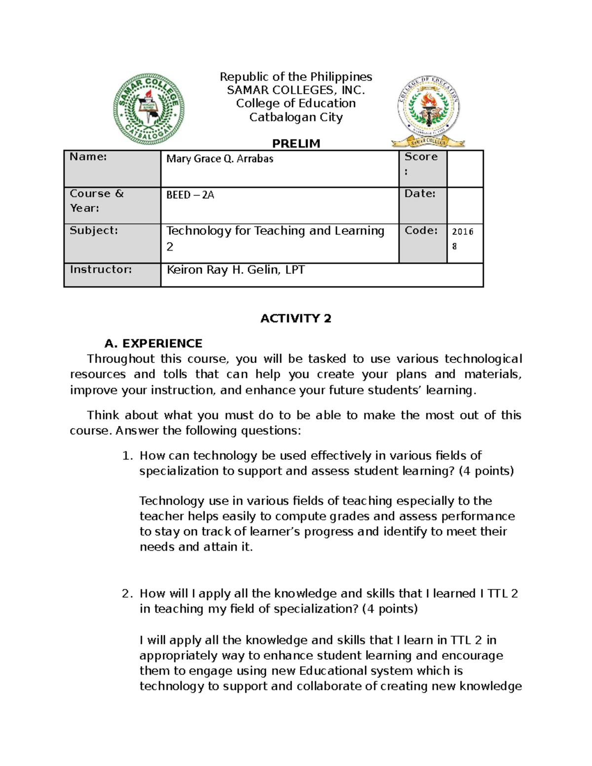 Activity 2: Reflections on Technology in Teaching and Learning (TTL 2) - Studocu